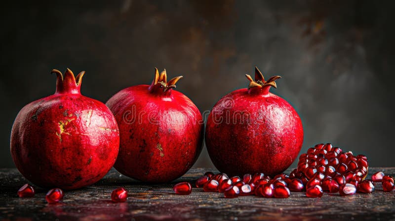 Three Fresh Pomegranates with Seeds on a Dark Rustic Background ...