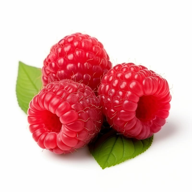 Three Fresh Raspberries with Green Leaves Isolated on White Background ...