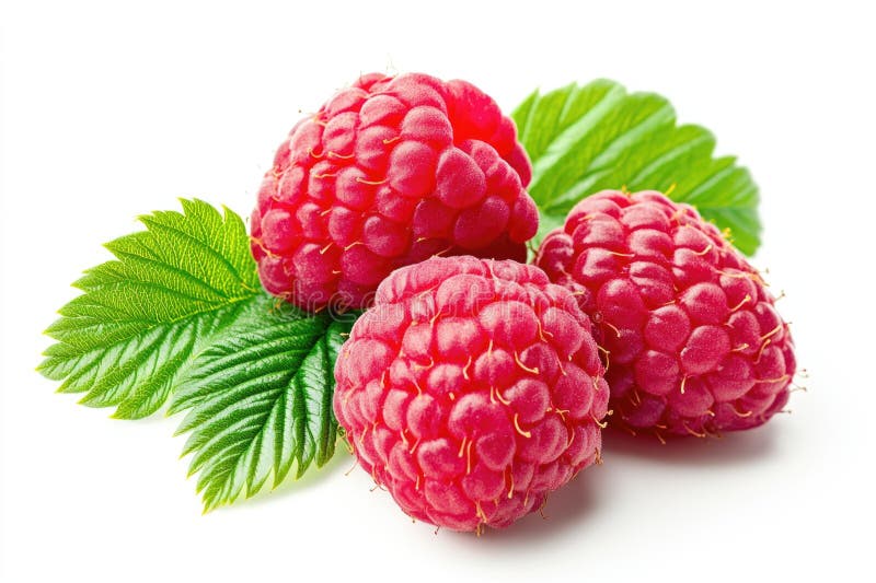 Three Fresh Raspberries with Leaves on a White Background Stock Image ...