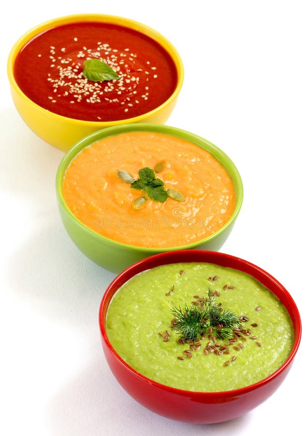 Three fresh soups stock image. Image of flavor, isolated - 45599441