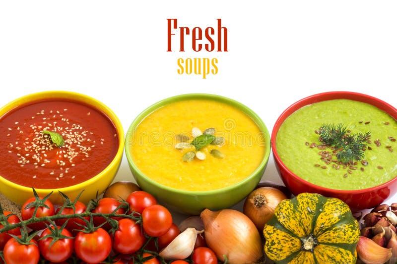Three Fresh Soups and Vegetables Stock Photo - Image of health, fresh ...