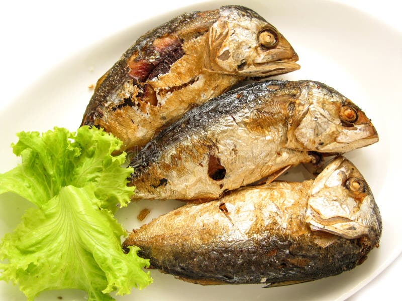 Three Fried Mackerel Put in the Dish at Kitchen of Restaurant Stock ...