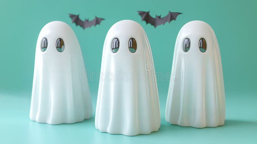 Three Friendly Ghosts with Big Eyes Against a Teal Backdrop Stock ...