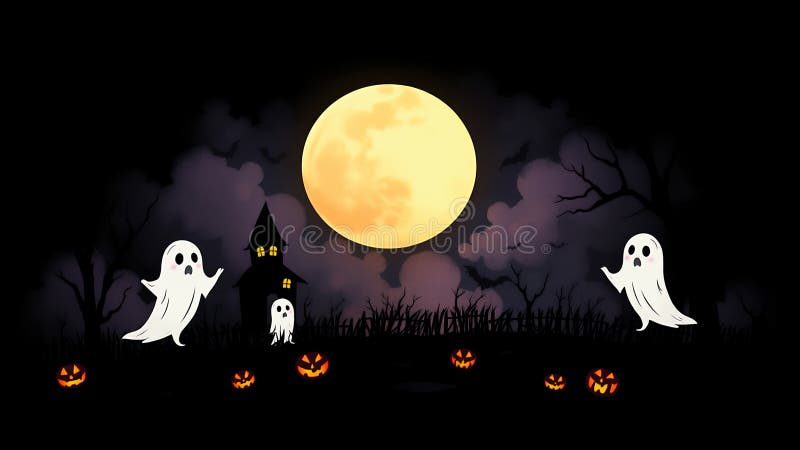 Three Friendly Ghosts Enjoy a Spooky Night Under the Full Moon Stock ...
