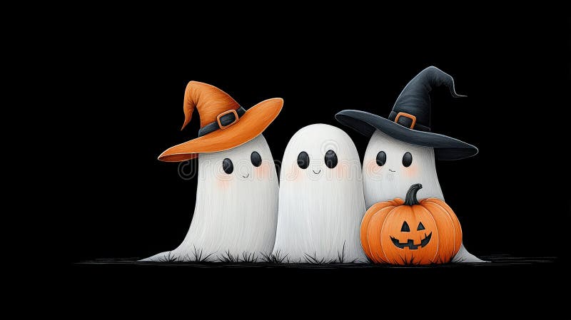 Three Friendly Ghosts with Hats and a Pumpkin on a Black Background ...