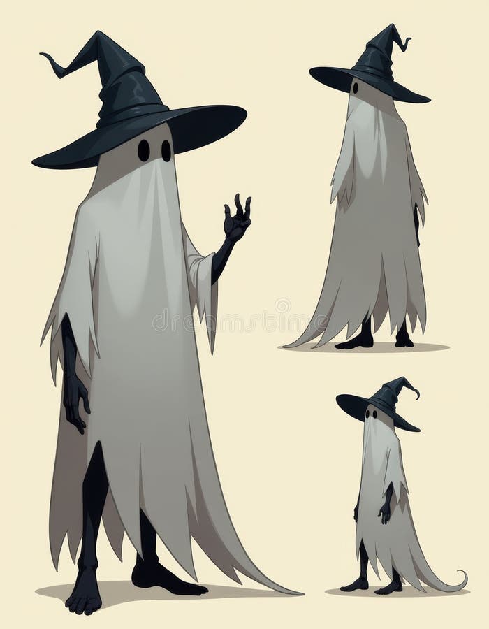 Three Friendly Ghosts in Witch Hats Stock Illustration - Illustration ...