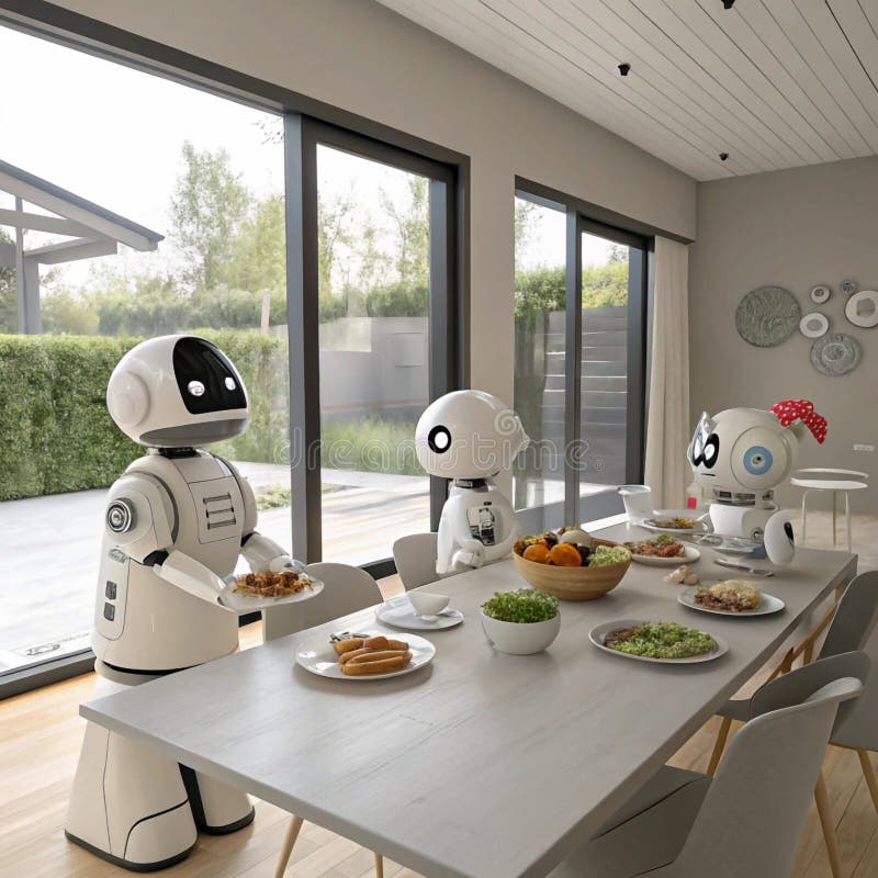 Three Friendly Robots at a Modern Dining Table. Bright Kitchen Setting ...
