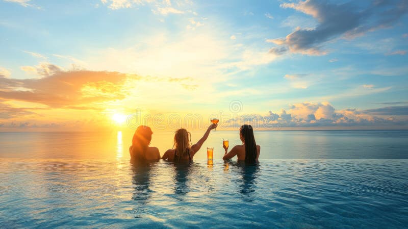 Three Friends Celebrate Sunset with Drinks in Infinity Pool Overlooking ...