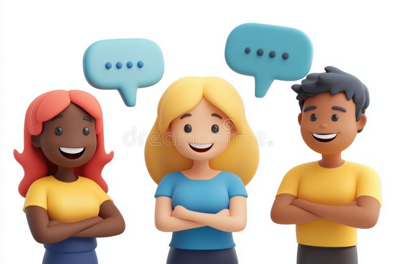 Three Friends Chatting with Speech Bubbles, Diverse Characters, Smiling ...