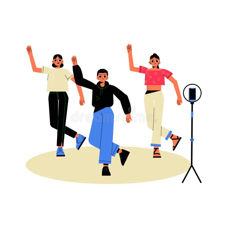 Group of Three Friends Dancing with Tripod Microphone Setup, in Flat ...