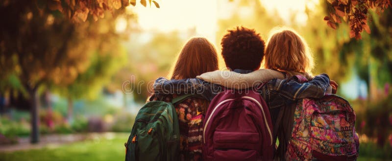 The Three Friends Embracing Nature and Friendship during a Sunset ...