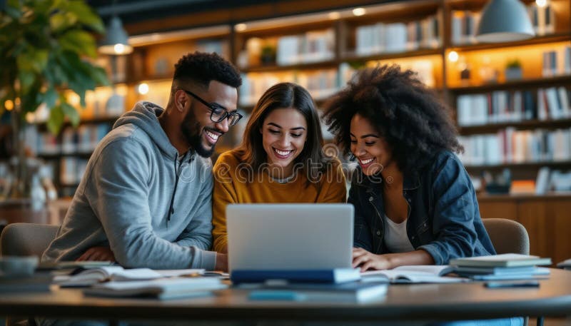 Three Friends are Gathered Around a Laptop, Sharing Smiles and Laughter ...