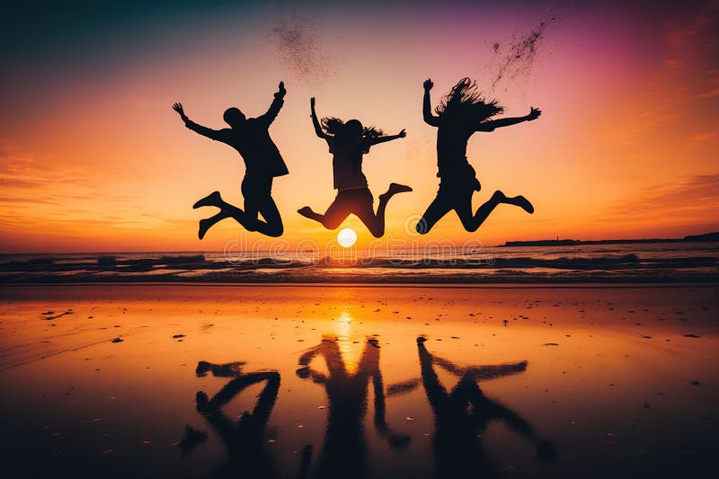 Three Friends Having Fun at the Beach. Silhouettes Jumping at Sunset ...