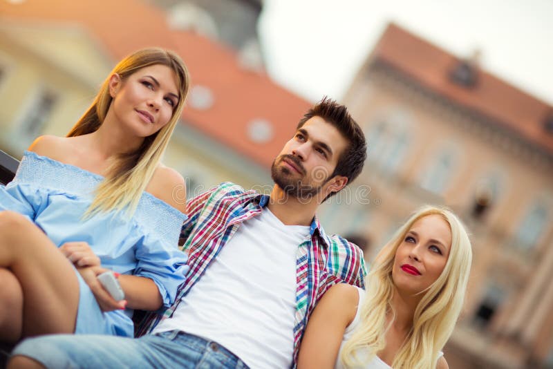Three friends having fun stock image. Image of summertime - 76367869