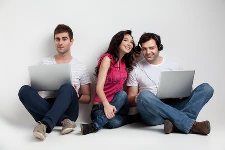 Three Friends Holding Laptops Expressions Stock Image - Image of ...