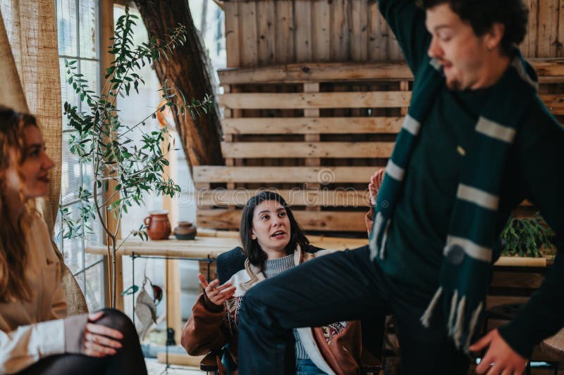 Group of Friends Enjoying Casual Conversation in a Cozy Wooden Setting ...