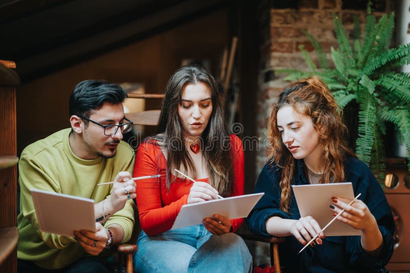 Three Friends Sketching and Sharing Creativity in an Indoor Art Session ...