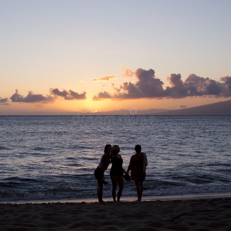 Three Friends Standing in Front of a Beach at Sunset Stock Image ...