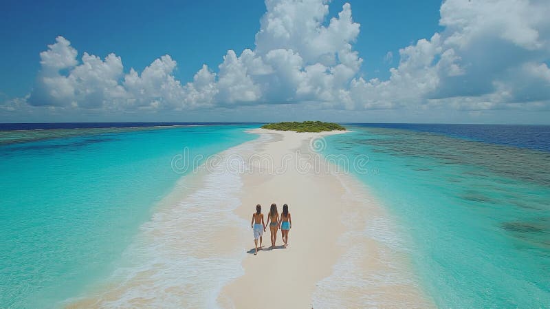 Three Friends Walking on a Tropical Beach To Island Stock Illustration ...