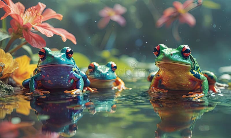 Three Frogs are Sitting in a Pond, with One Frog in the Foreground and ...