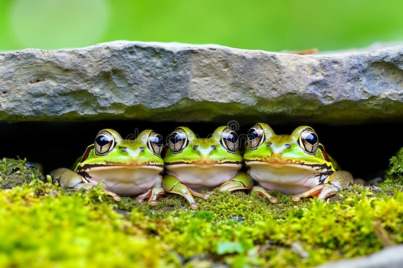 Three Frogs Sitting in a Rock Stock Image - Image of facing, stone ...