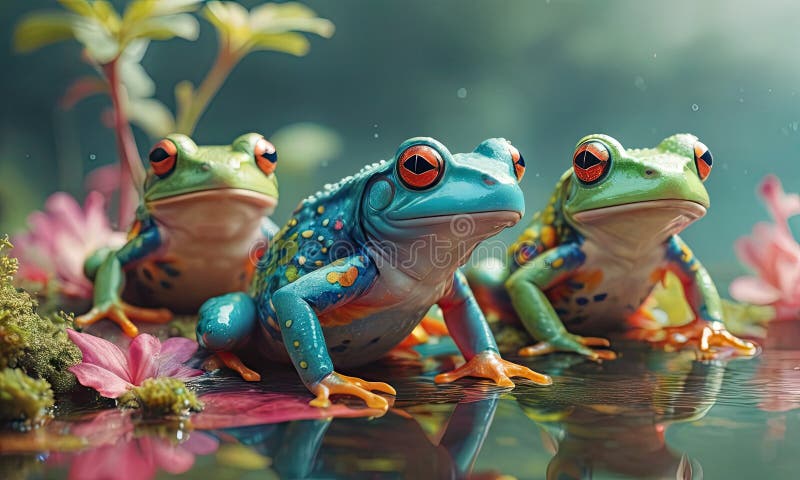 Three Frogs are Sitting on a Rock in the Water. the First Frog is Green ...