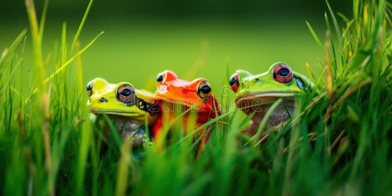 Three Frogs are Sitting in the Tall Grass. Generative AI Image. Stock ...