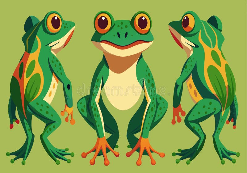Three Frogs are Standing on a Green Background Stock Illustration ...
