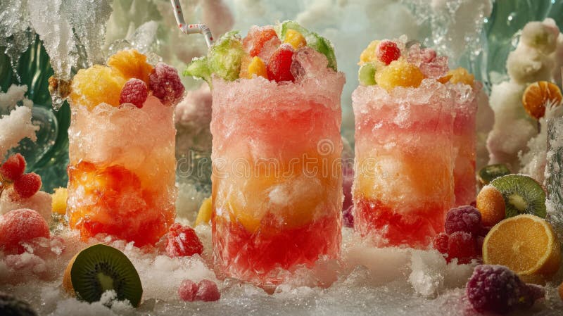 Three Frozen Cocktails with Fruit Garnishes on Ice Stock Illustration ...