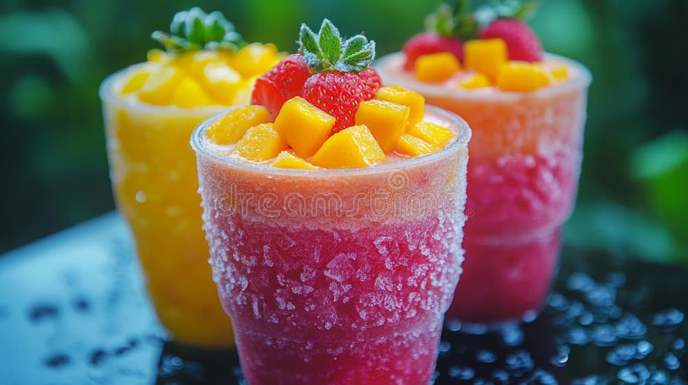Three Frozen Fruit Smoothies with Mango and Strawberry Toppings Stock ...