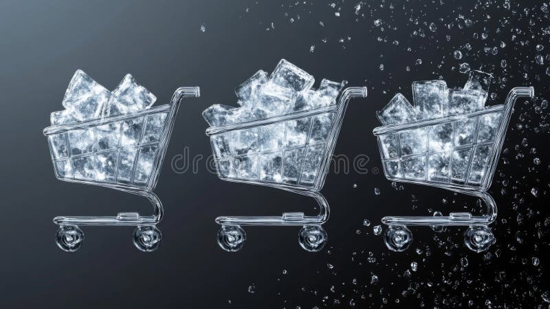Three Frozen Shopping Carts Filled with Ice Cubes Stock Illustration ...