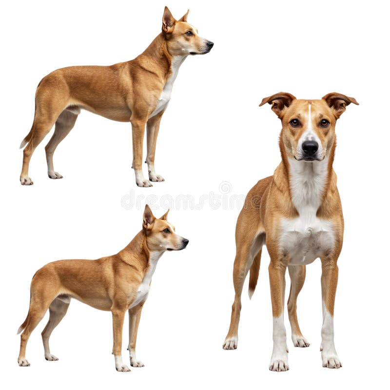 Three Different Poses of a Light Brown and White Dog Against a White ...