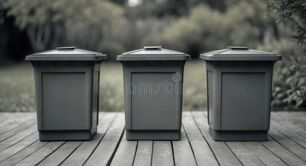 Three Full Dustbins for Sorting Trash on the Backyard Stock Image ...