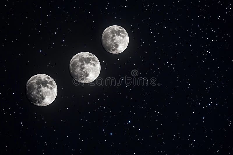 Three Full Moons Shining Brightly in a Starry Night Sky Stock Photo ...