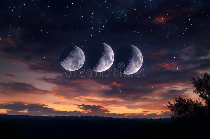 Three Full Moons Shining Brightly in a Starry Night Sky Stock Photo ...