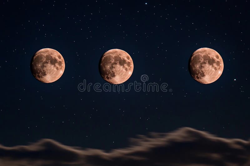 Three Full Moons Shining Brightly in a Starry Night Sky Stock Image ...