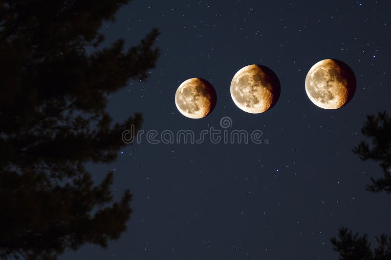 Three Full Moons Shining Brightly in a Starry Night Sky Stock Photo ...