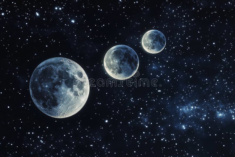 Three Full Moons Shining Brightly in a Starry Night Sky Stock Photo ...