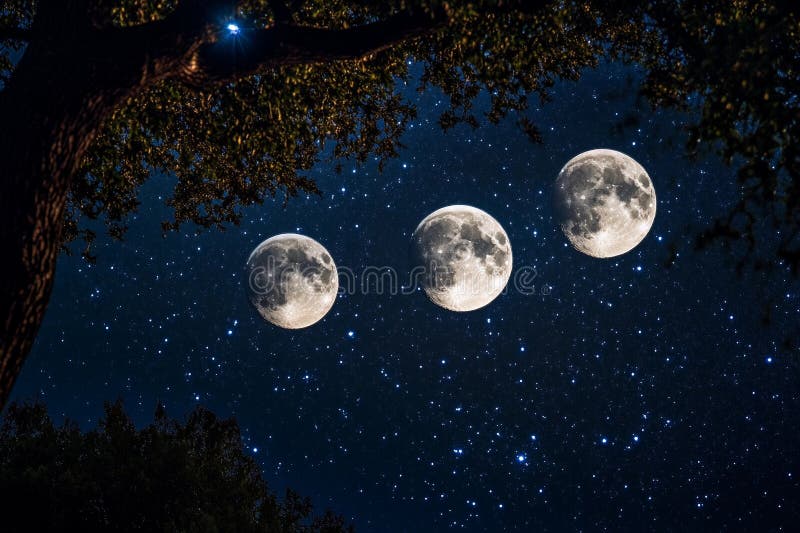 Three Full Moons Shining Brightly in a Starry Night Sky Stock Photo ...
