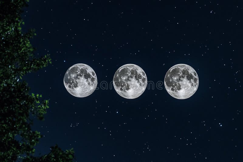 Three Full Moons Shining Brightly in a Starry Night Sky Stock Image ...