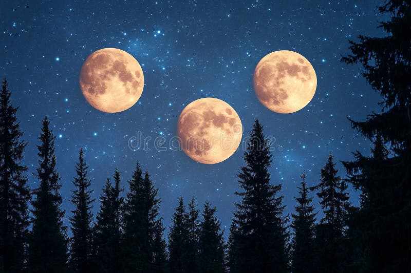 Three Full Moons Shining Brightly in a Starry Night Sky Stock Photo ...