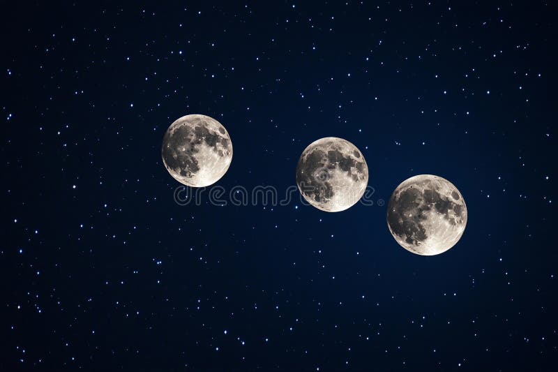 Three Full Moons Shining Brightly in a Starry Night Sky Stock Photo ...