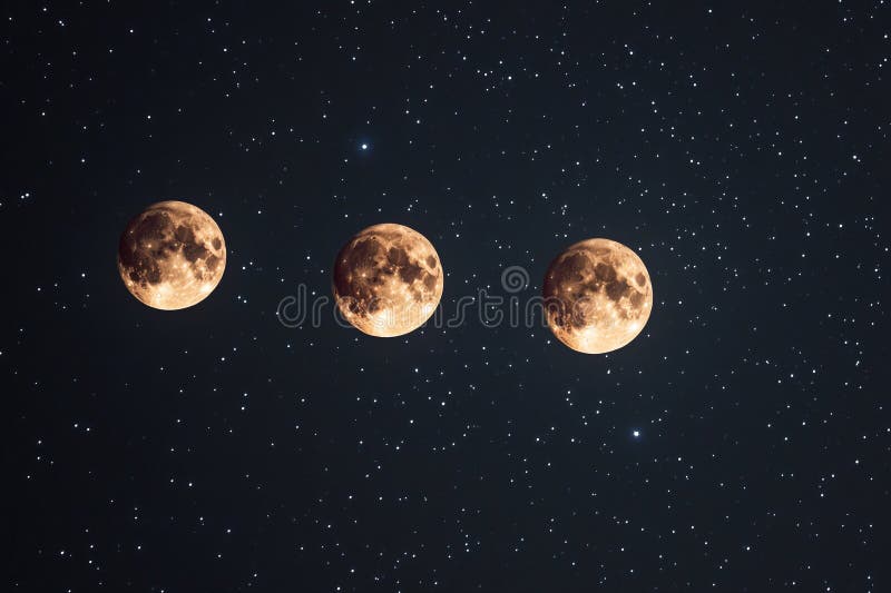 Three Full Moons Shining Brightly in a Starry Night Sky Stock Photo ...