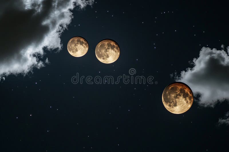Three Full Moons Shining Brightly in a Starry Night Sky Stock Photo ...