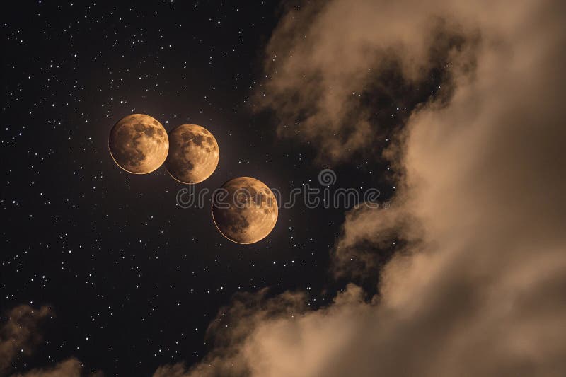 Three Full Moons Shining Brightly in a Starry Night Sky Stock Image ...