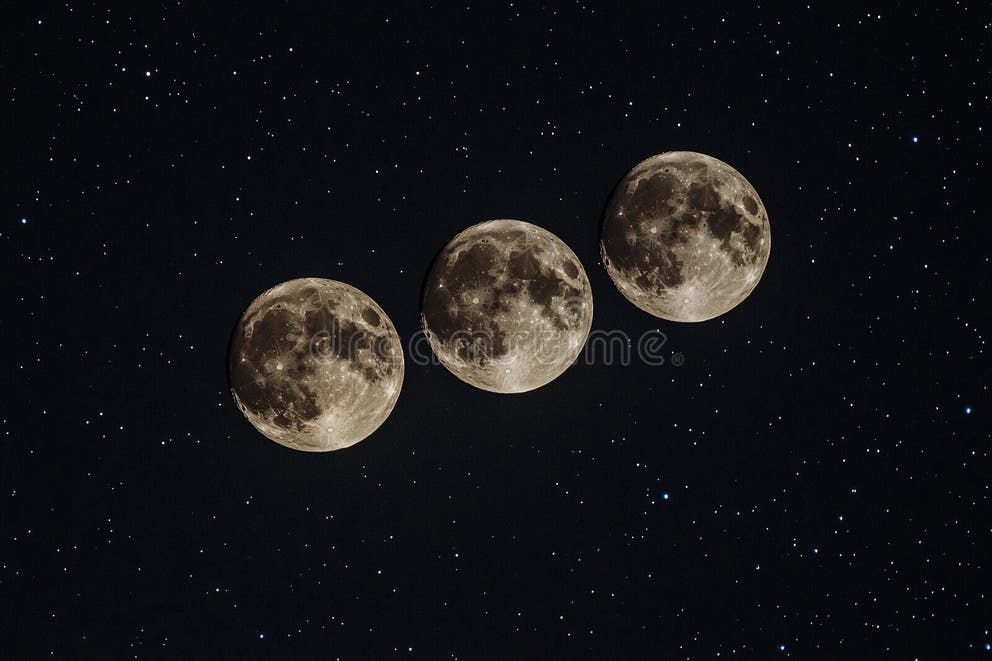 Three Full Moons Shining Brightly in a Starry Night Sky Stock Photo ...