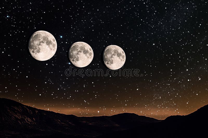 Three Full Moons Shining Brightly in a Starry Night Sky Stock Image ...