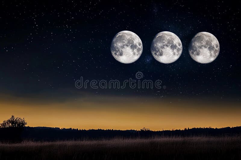 Three Full Moons Shining Brightly in a Starry Night Sky Stock Image ...