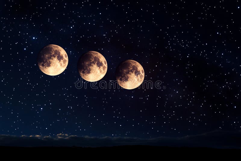 Three Full Moons Shining Brightly in a Starry Night Sky Stock Photo ...