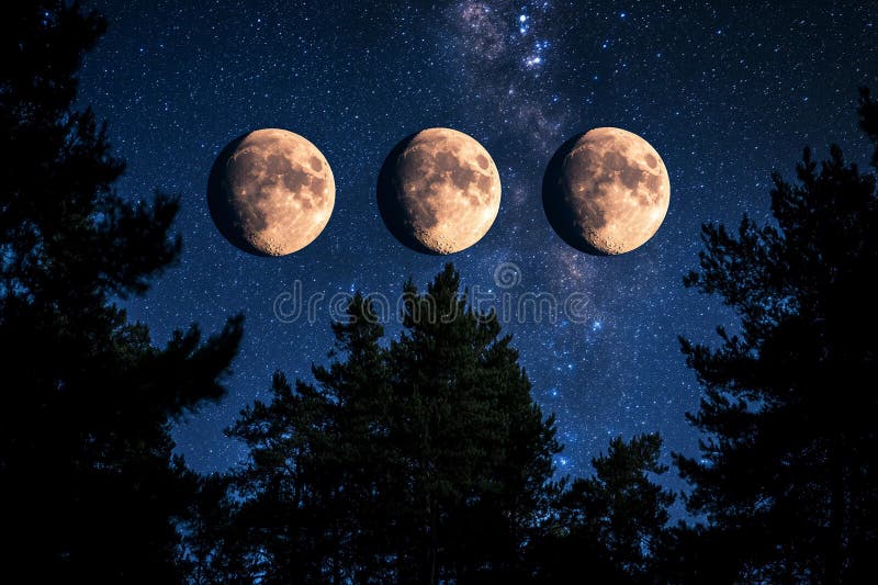 Three Full Moons Shining Brightly in a Starry Night Sky Stock Image ...
